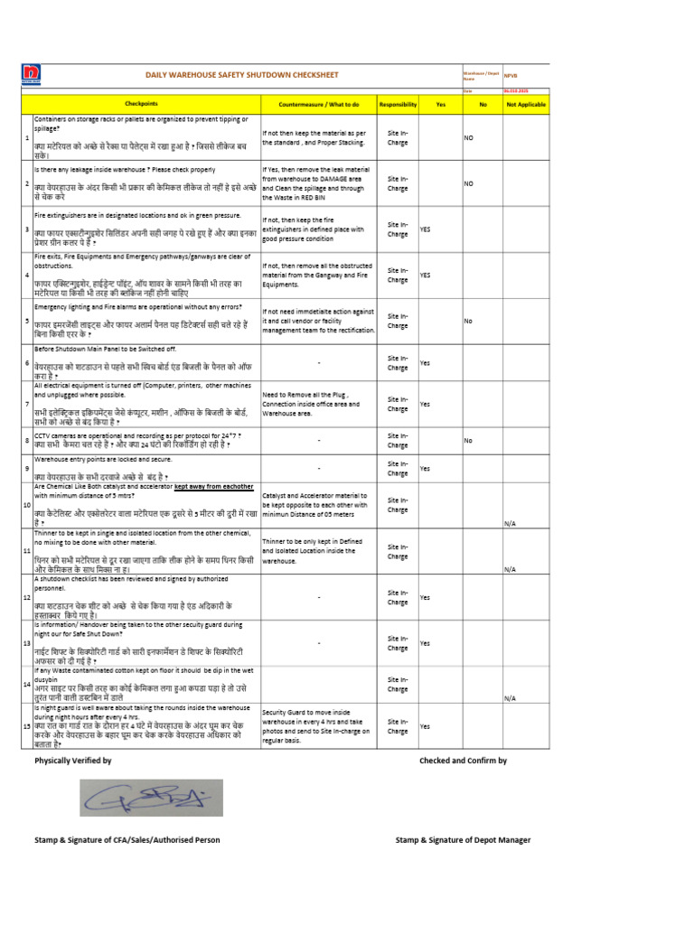 Daily Warehouse Safety Shutdown Checksheet: Countermeasure / What To Do ...