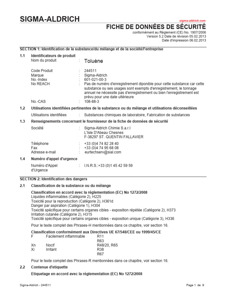 Fiche de sécurité Toluène Sigma-Aldrich | PDF | Substances chimiques