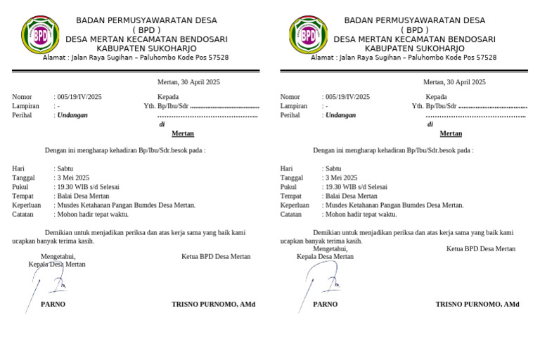 Undangan Musdes Ketahanan Pangan Mertan | PDF