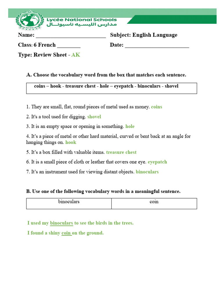 English Vocabulary Review for Grade 6 | PDF