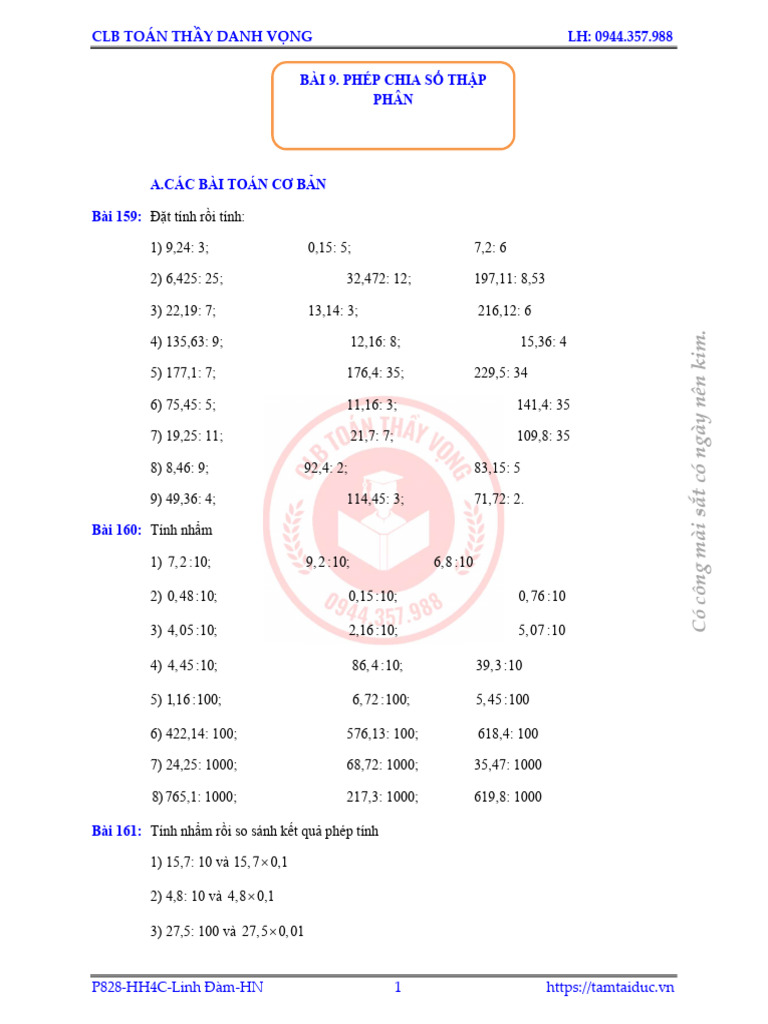 T5-BÀI 9-PHÉP CHIA SỐ THẬP PHÂN L P 5 | PDF