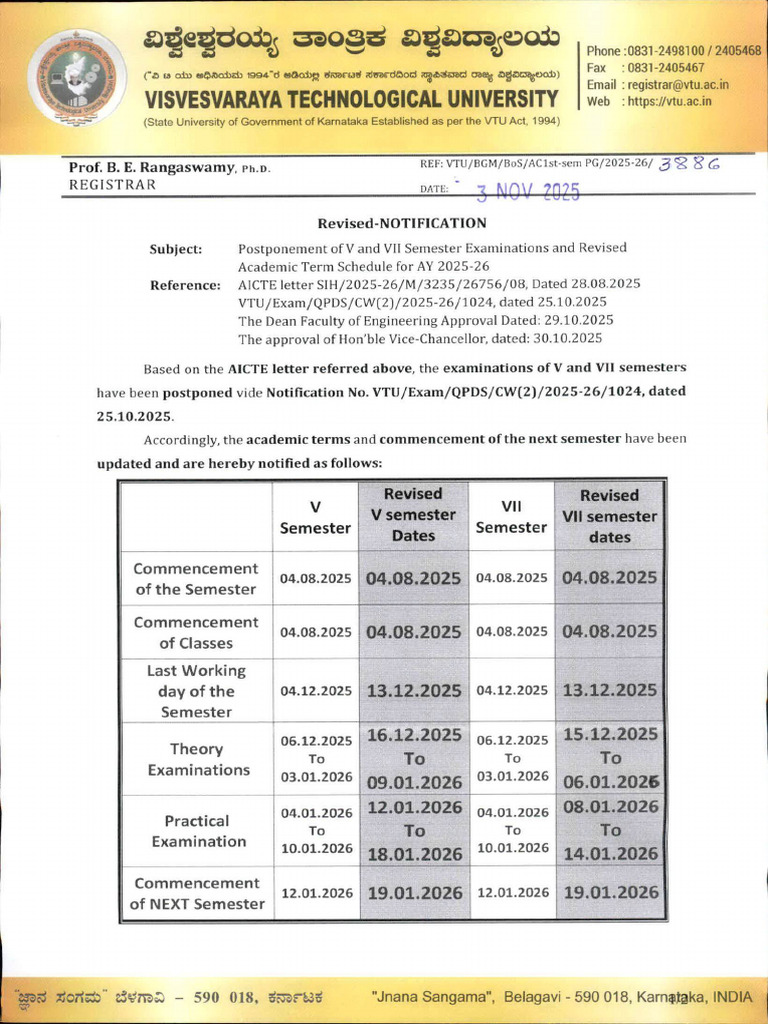 Notification-Revised (3886) - Postponement of V and VII Semester Exams and Revised Academic ...