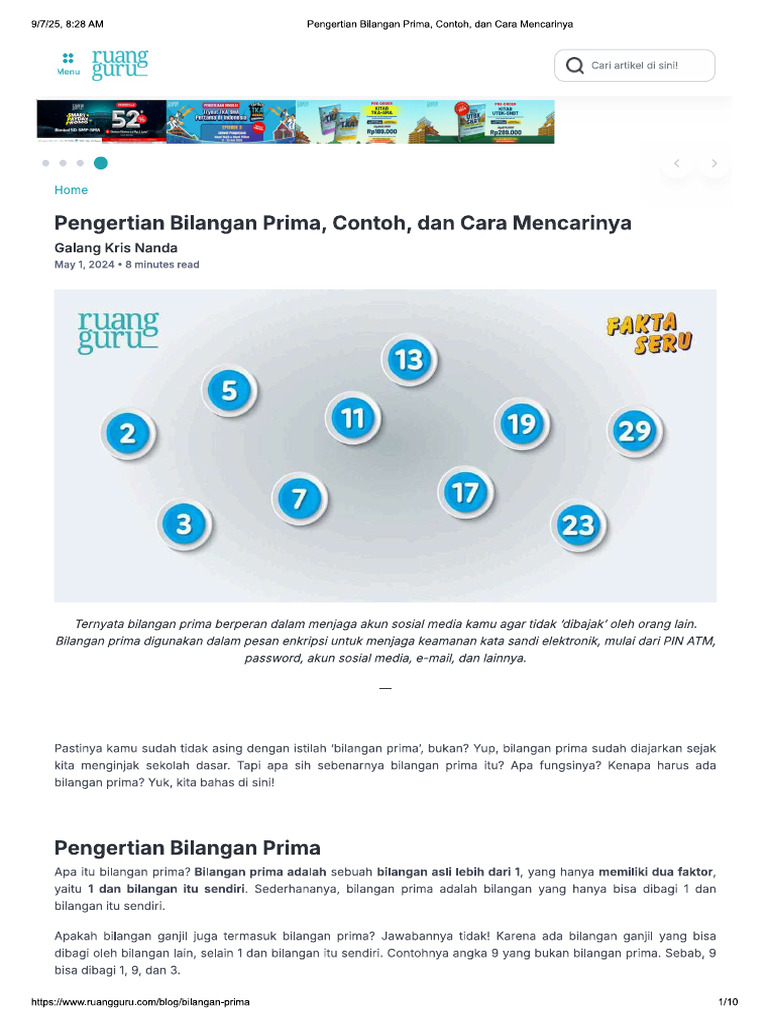 Materi - Bilangan Prima, Contoh, Dan Cara Mencarinya - Ruangguru | PDF