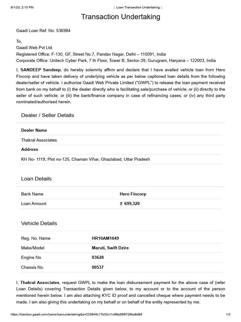 Vehicle Loan Transaction Undertaking | PDF | Payments | Indemnity