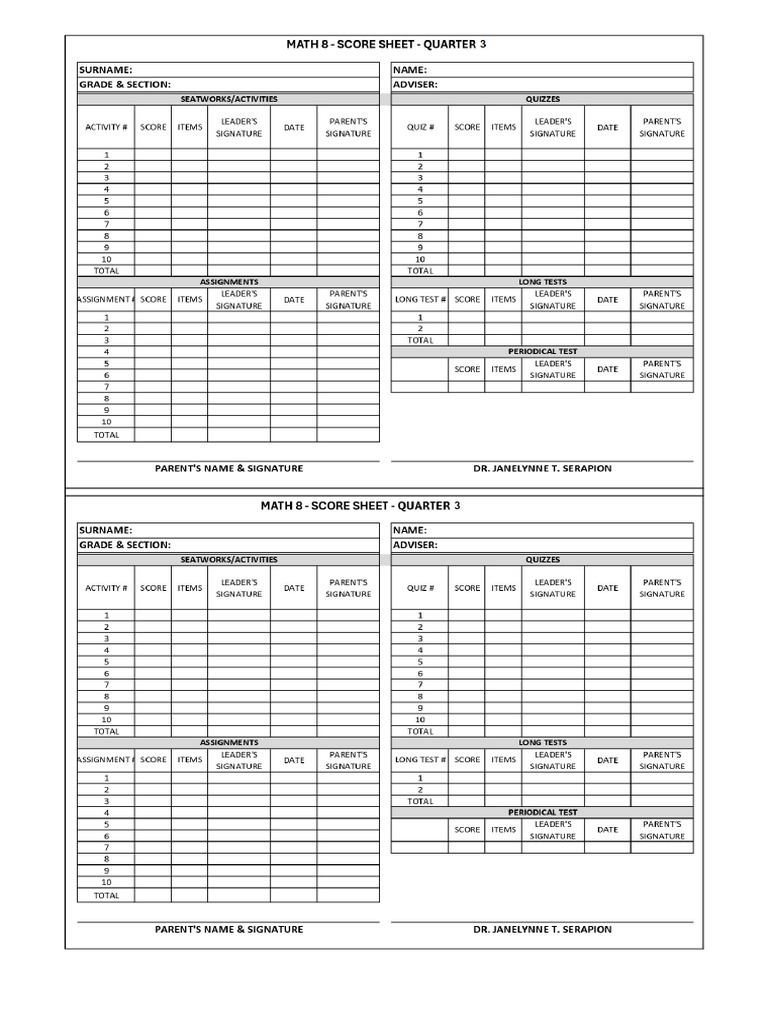 q3 Math Score Sheet | PDF