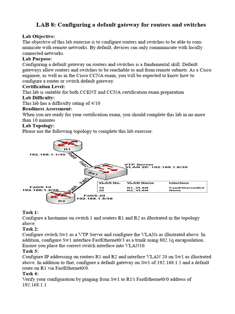 LAB 8 - Configuring A Default Gateway For Routers and Switches | PDF | Cisco Certifications ...