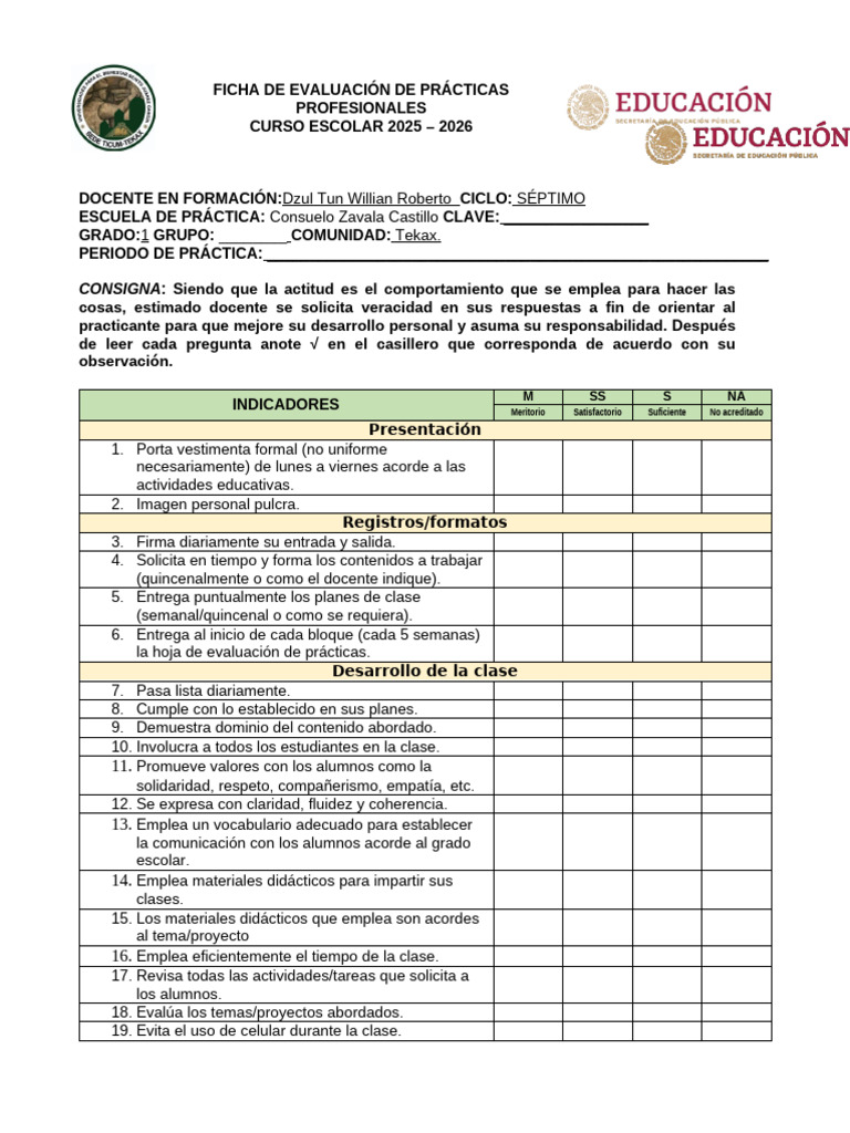 Ficha de Evaluaci N de PR Cticas Profesionales | PDF | Maestros | Escuelas