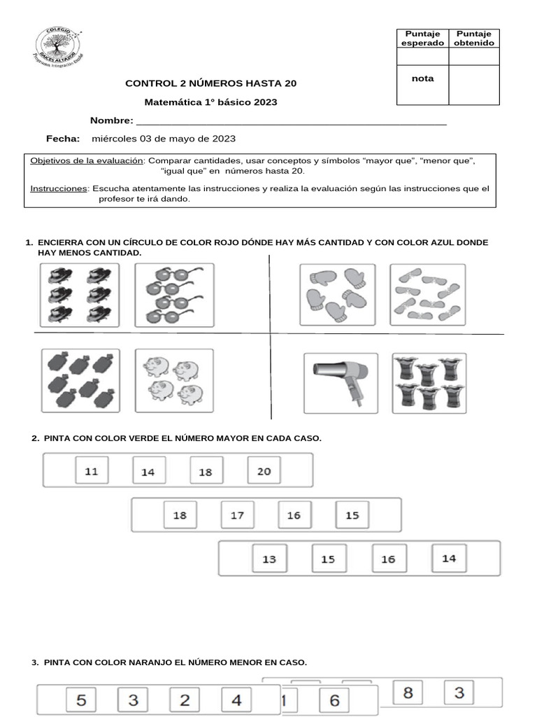 Control 2 Mat Números Hasta 20 Mayor Que Menor Que Igual Que | PDF