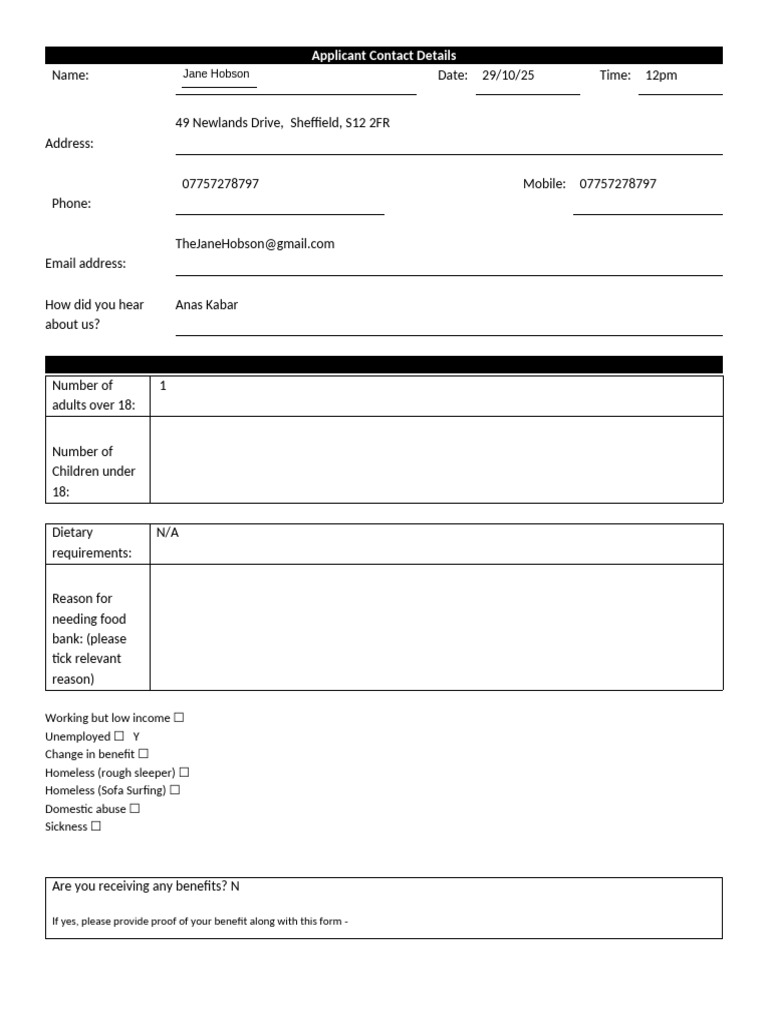 Food Bank Application Form - Jane Hobson | PDF