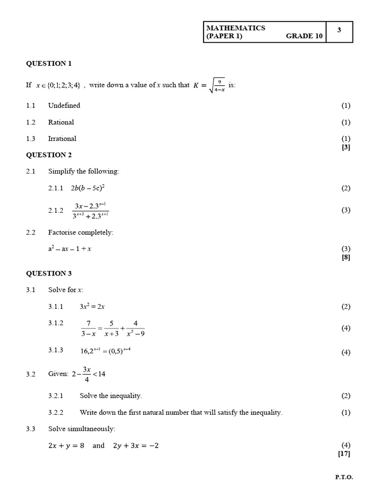 Grade 10 Algebra and Functions Revision | PDF | Equations | Discrete ...