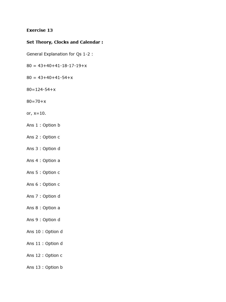 Answers Set Theory, Clocks and Calendar | PDF
