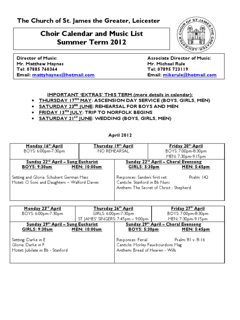 Choir Calendar and Music List Summer Term 2012: The Church of St. James ...