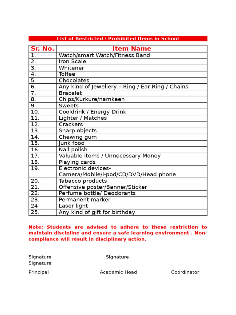 Prohibited Items List for Students | PDF