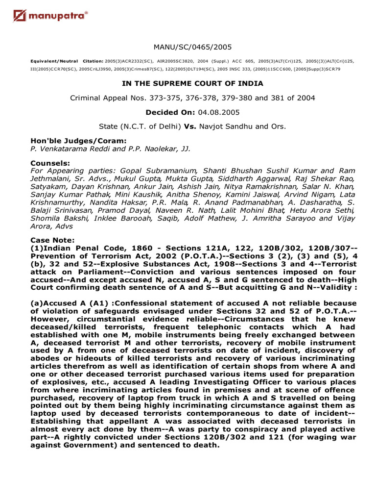 State NCT of Delhi Vs Navjot Sandhu and Ors 040820S050465COM949211 ...