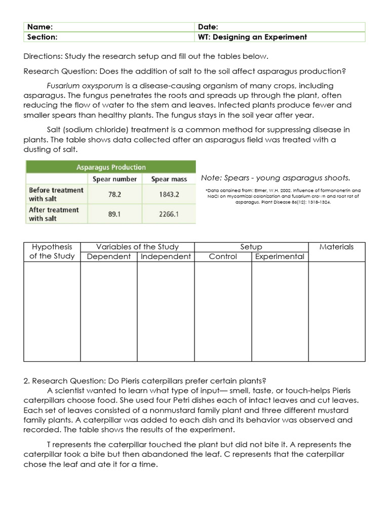 Designing An Experiment Task 2 | PDF | Asparagus | Salt