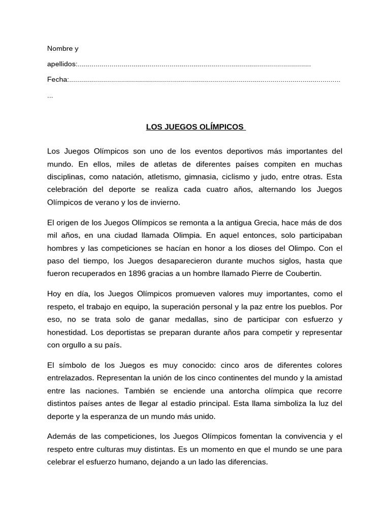 Comprensión Lectora Juegos Olímpicos | PDF | Juegos olímpicos | Deportes