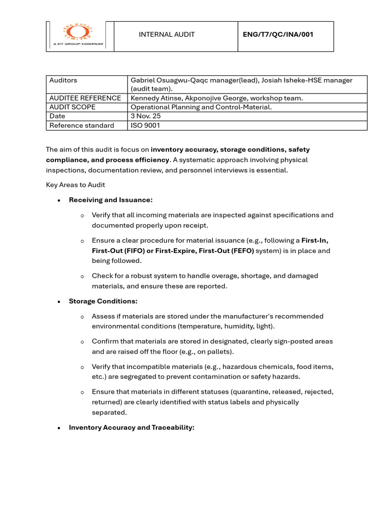 Internal Audit Plan-Material and Workshop | PDF | Audit | Safety