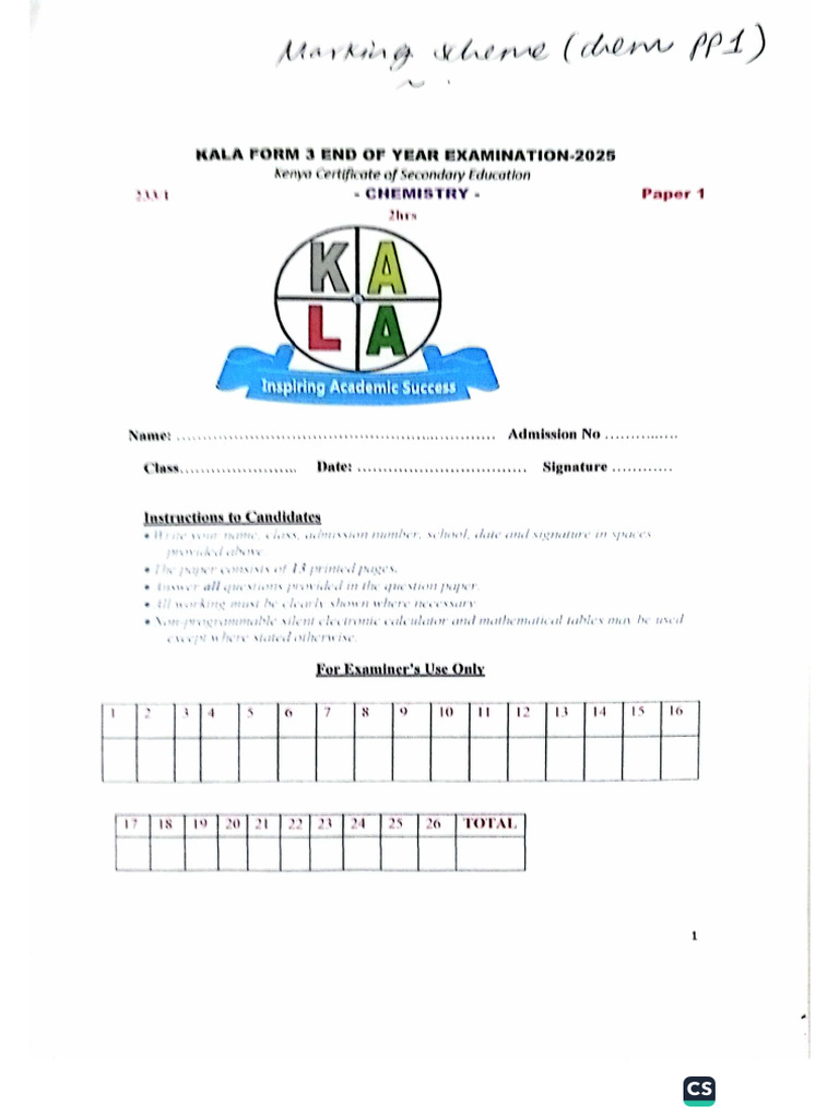 KALA FORM 3 CHEM PP1 MS. | PDF
