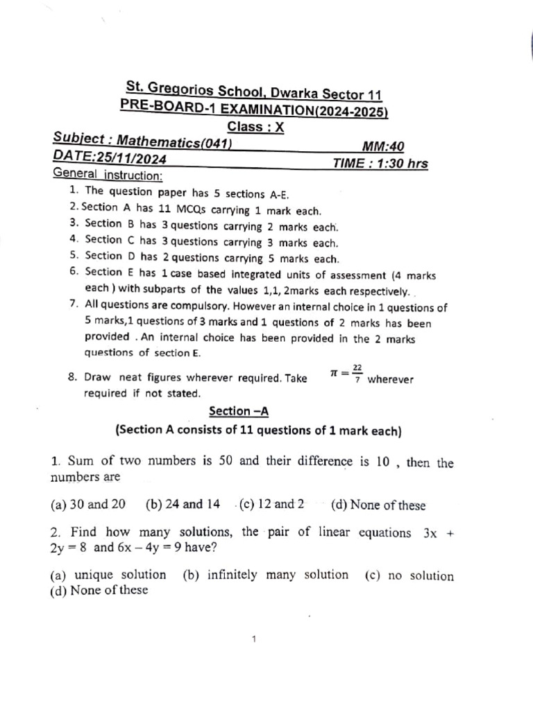 Class X Mathematics Pre-Board Exam 2024 | PDF | Mathematics ...