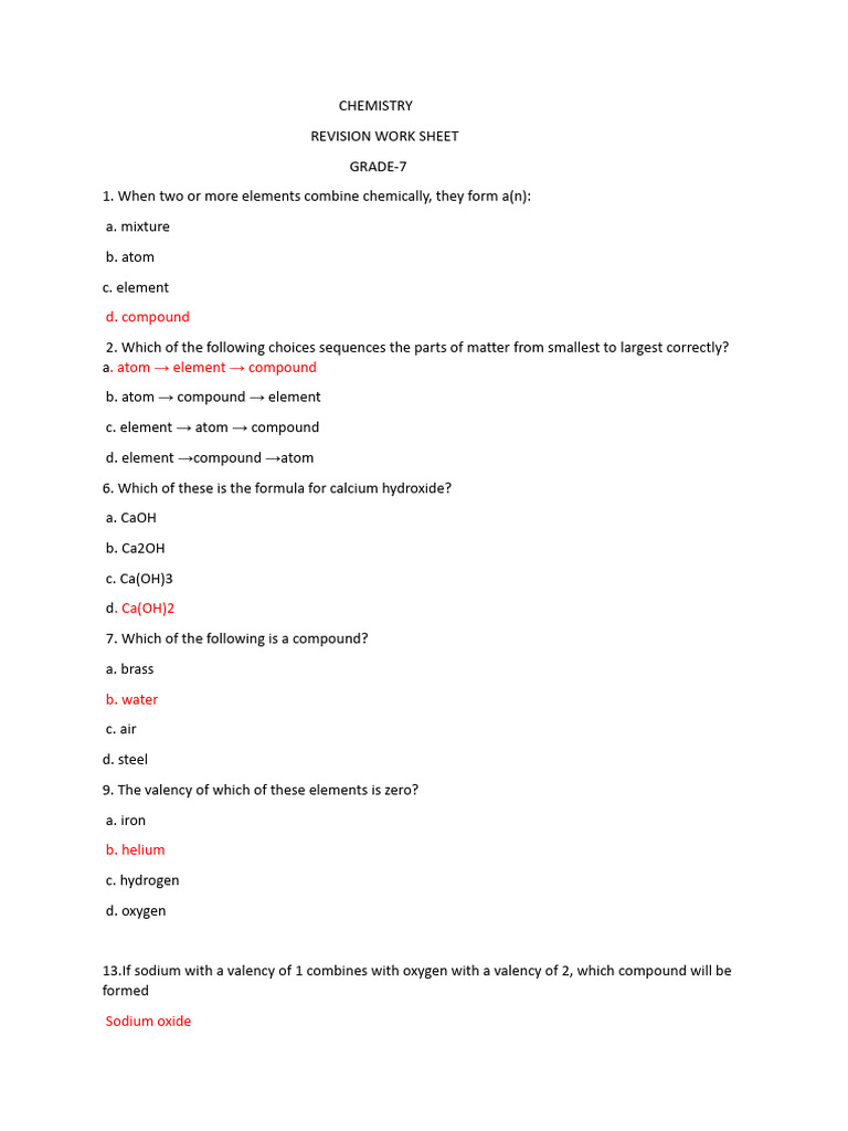 Work Sheet Chem Matter and Chemical Formulae | PDF