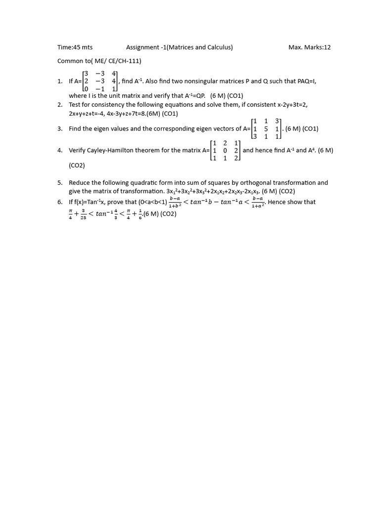 Matrices and Calculus Assignment 1-1 | PDF