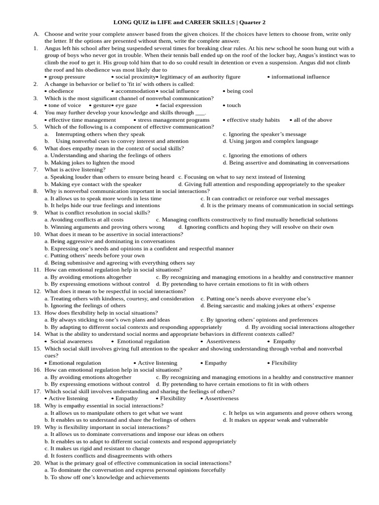 Life and Career Skills Quiz Q2 | PDF | Nonverbal Communication | Emotions