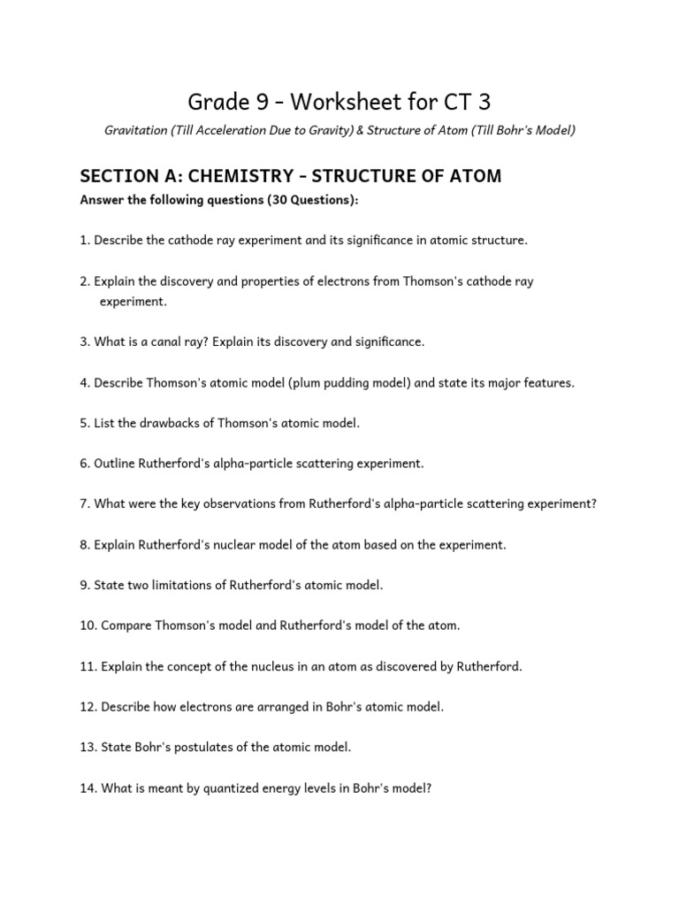 Grade 9 Gravitation & Atomic Structure Worksheet | PDF | Weight | Gravity