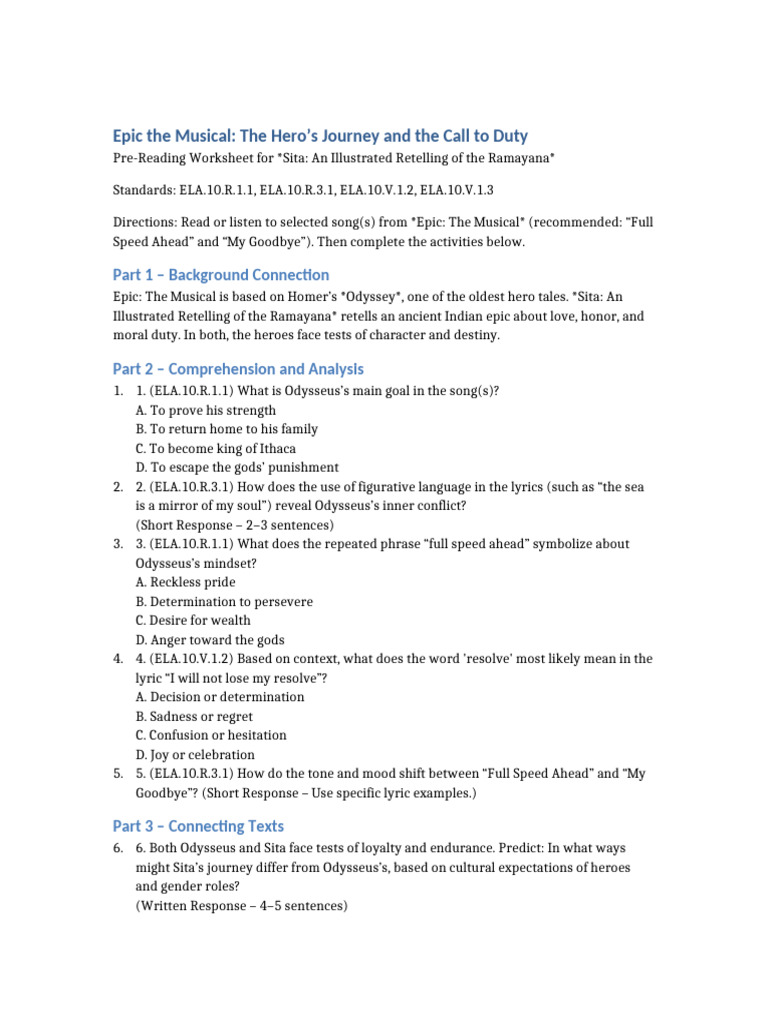 Epic Musical and Ramayana Analysis Worksheet | PDF | Odysseus | Epic Poetry