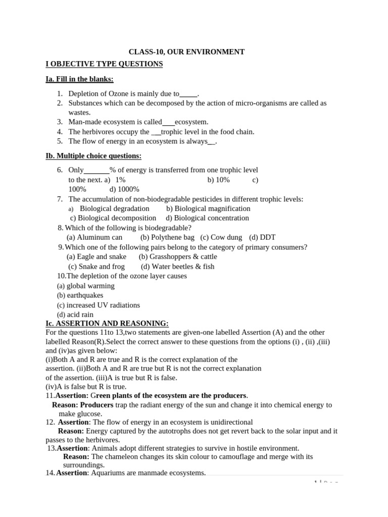 Class 10 Environmental Science Quiz | PDF | Food Web | Natural Environment