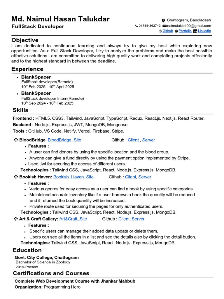 Md. Naimul Hasan Talukdar Fullstack Developer | PDF | Java Script | Web Development