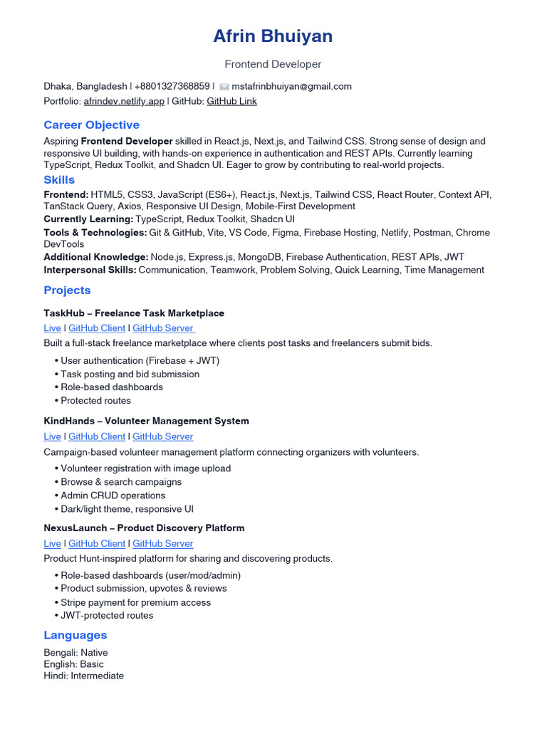 Afrin Frontend Developer | PDF