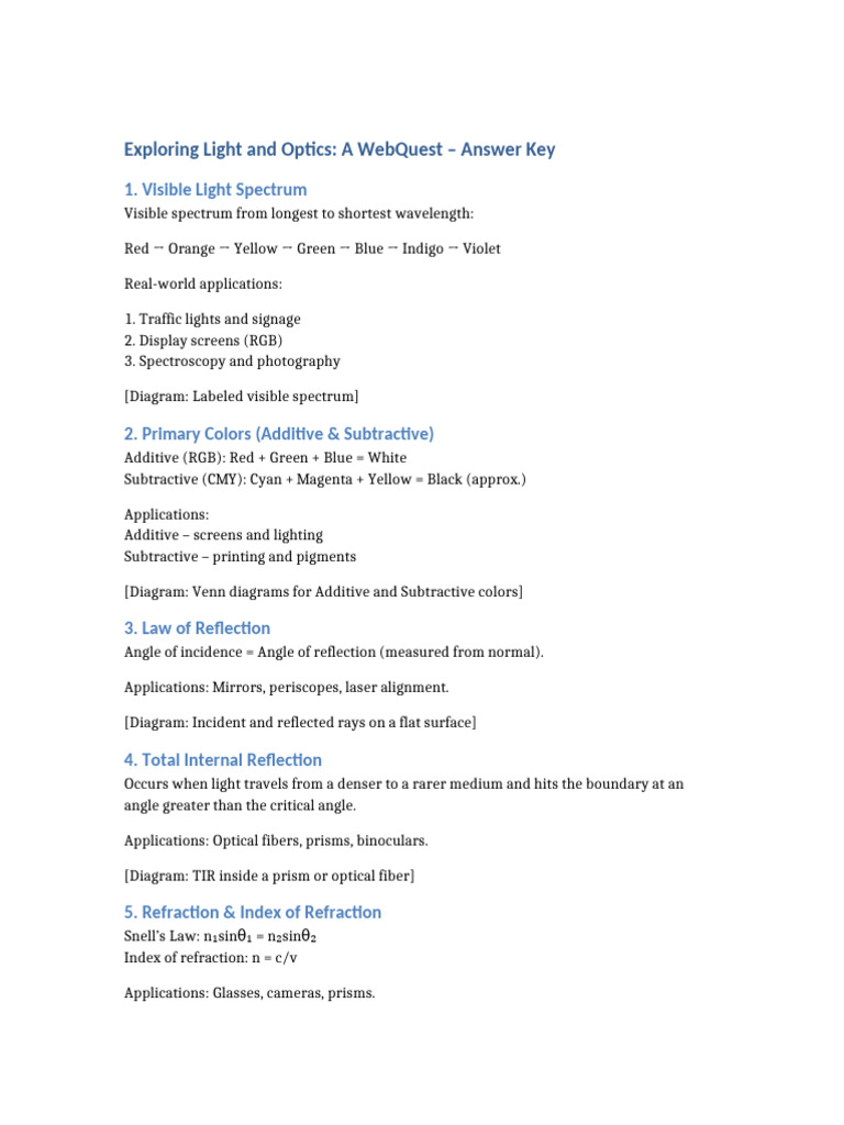 Light and Optics WebQuest Answer Key | PDF | Optics | Light
