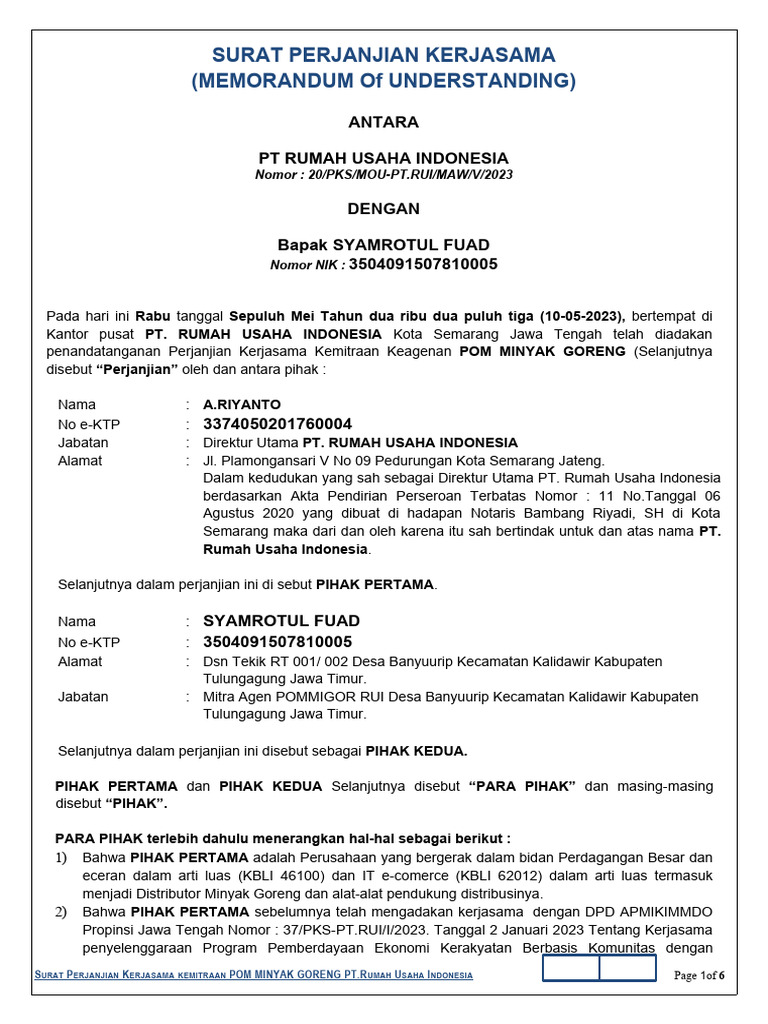 Perjanjian Kerjasama POM Minyak Goreng | PDF