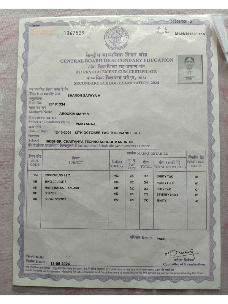 Sharon 10th Mark Sheet | PDF