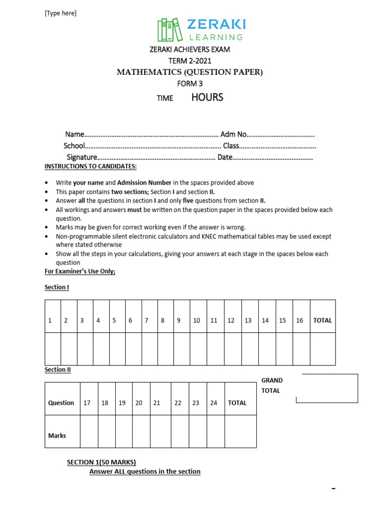 Form 3 Maths Zeraki Exam Paper | PDF | Area | Mathematics