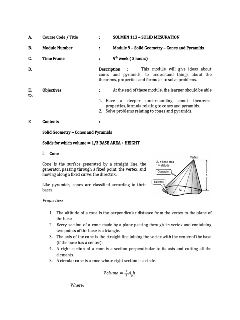 MODULE 9 - Solid Geometry Cones and Pyramids | PDF | Triangle | Convex ...