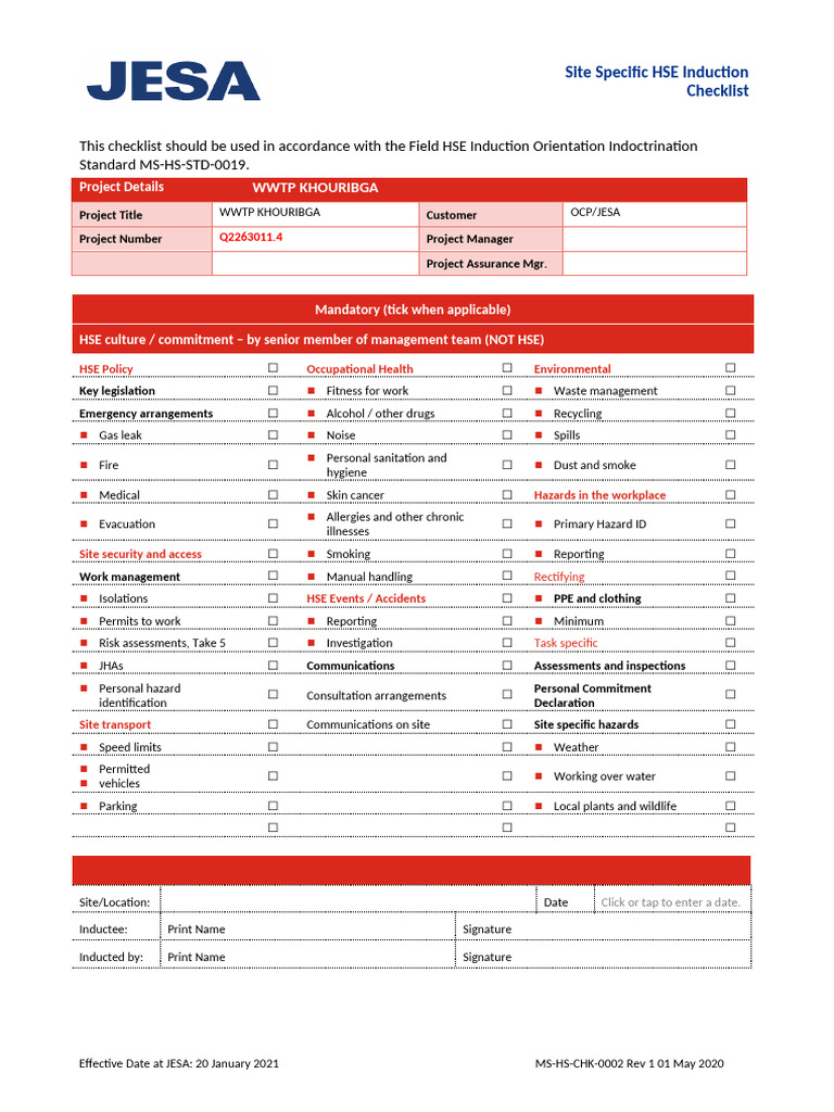 HSE Induction Checklist for WWTP Khouribga | PDF | Hazards ...