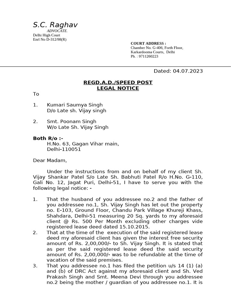 Vijay Shankar Patel vs Saumya Legal Notice Recovery | PDF | Civil Law (Common Law) | Property Law