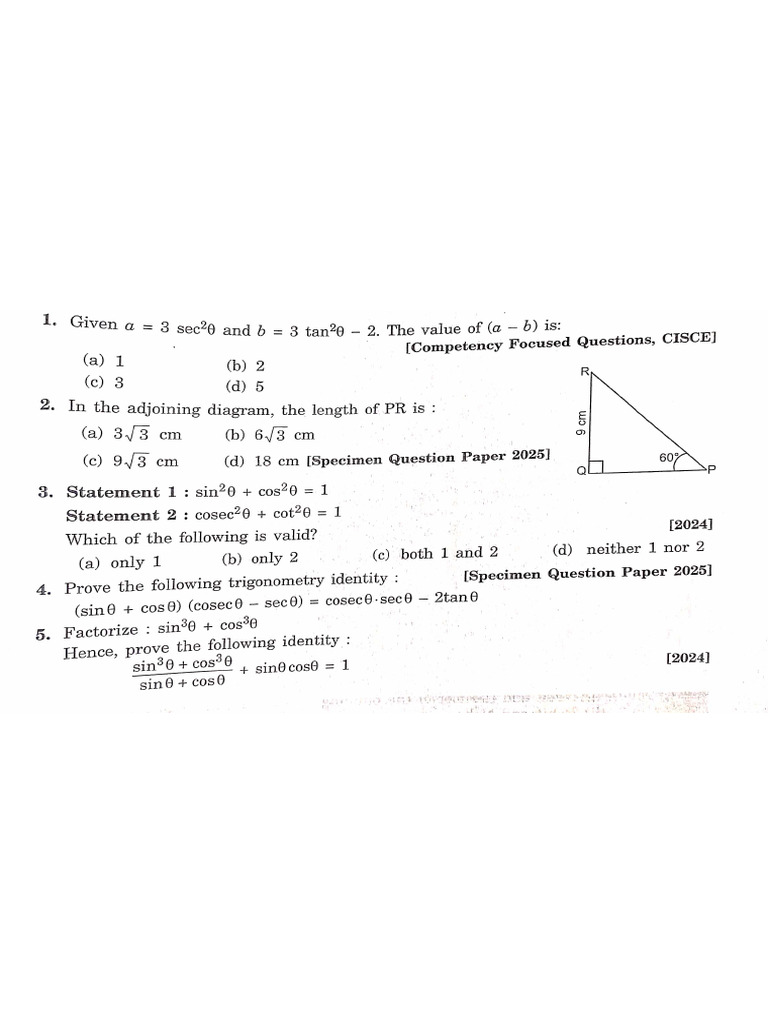 Trigonometry Questions Class 10 Icse Board | PDF