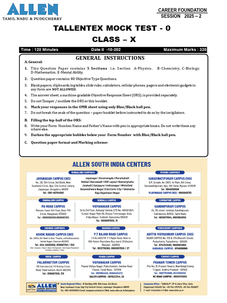 Tallentex 2025 Class 10 Mock Test 2 | PDF | Atoms | Force