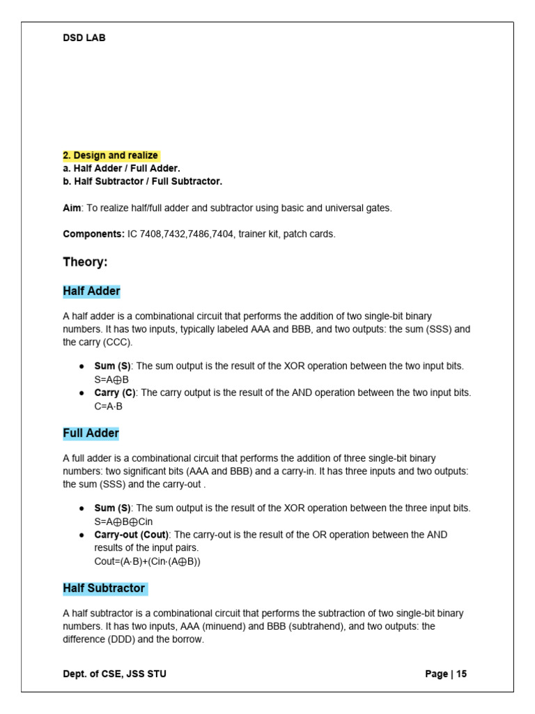 lab2_dsd _half_full_adder_subtracter | PDF | Subtraction | Electrical Circuits