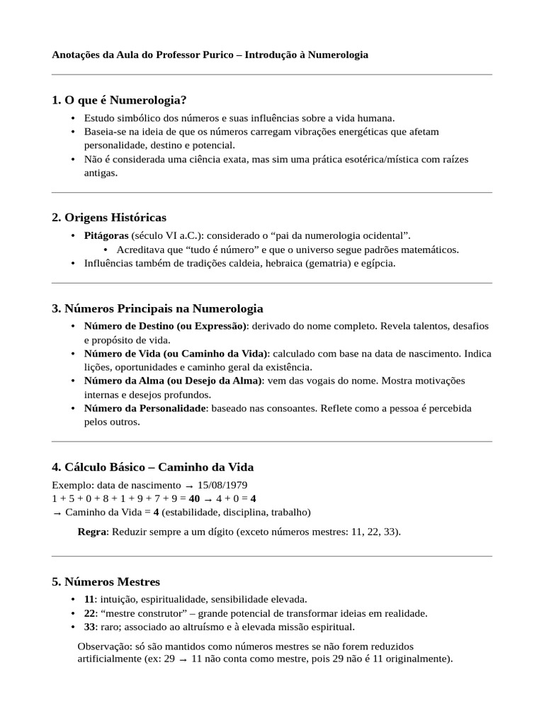 ANOTAÇÕES DE AULA PROFESSOR PURICO - NUMEROLOGIA | PDF