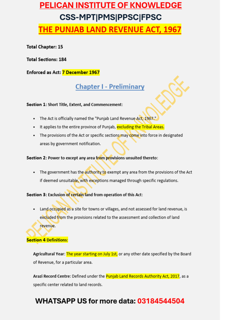 Punjab Land Revenue Act Overview | PDF | Leasehold Estate | Private Law
