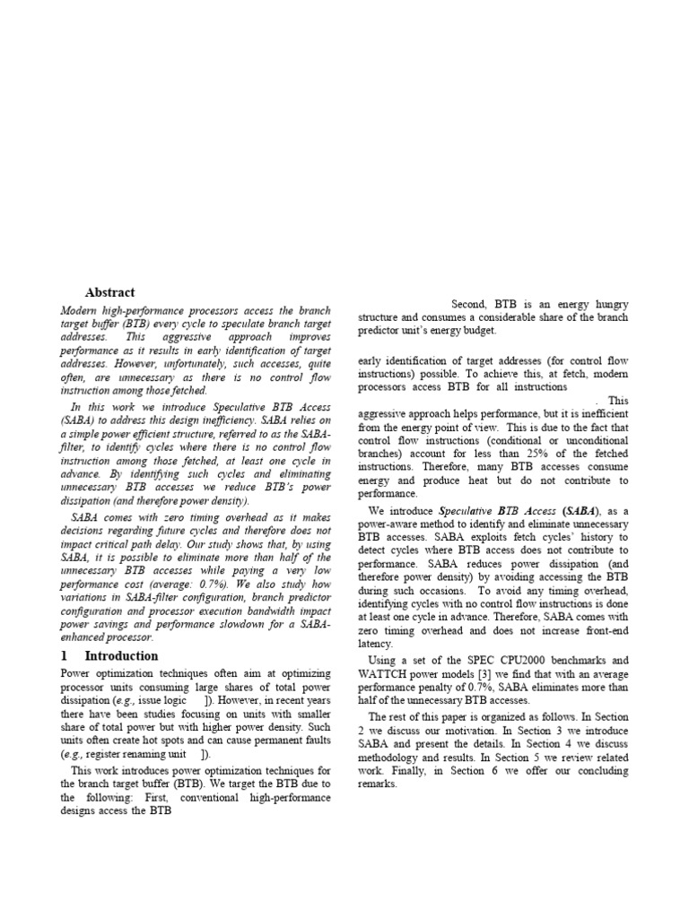 SABA A Zero Timing Overhead Power-Aware BTB For High-Performance Processors | PDF | Computing ...