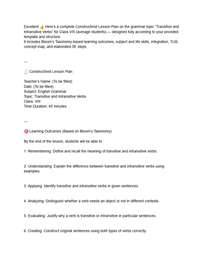 Transitive and Intransitive Verbs Lesson Plan | PDF | Subject (Grammar ...