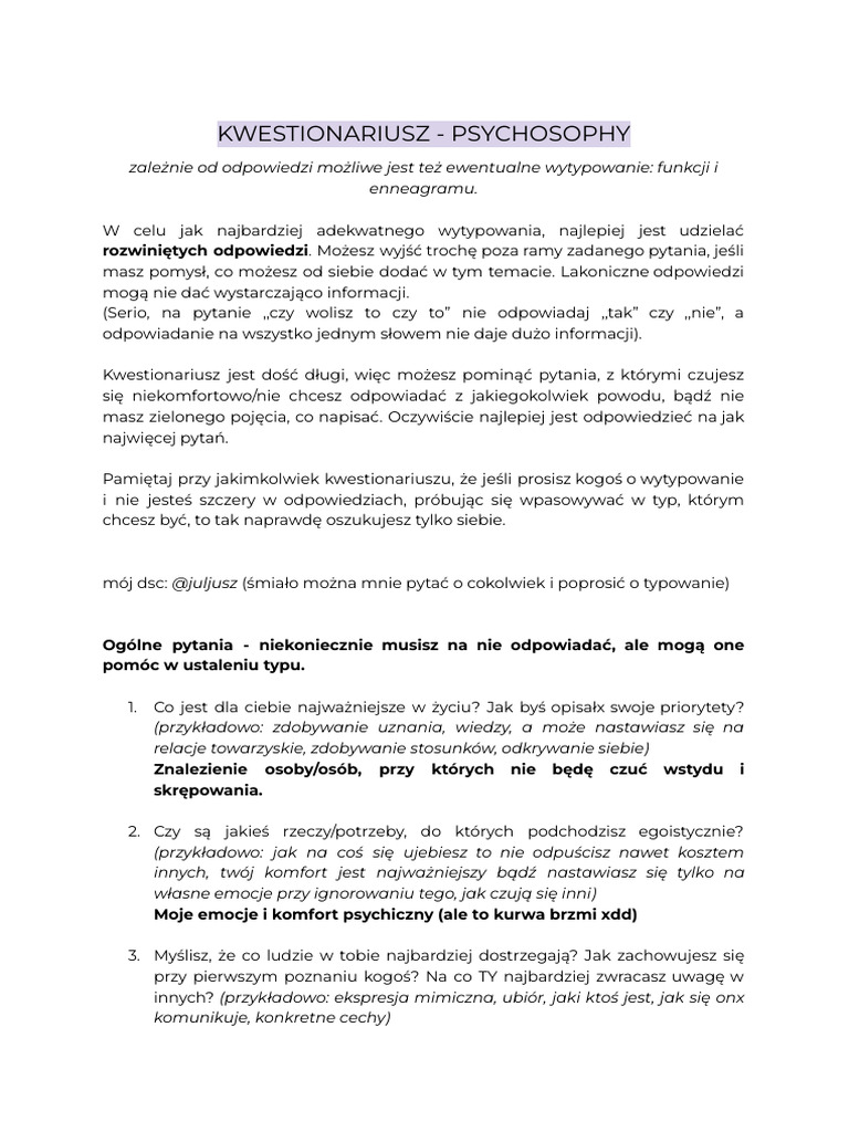 Kwestionariusz - Psychosophy-1 | PDF