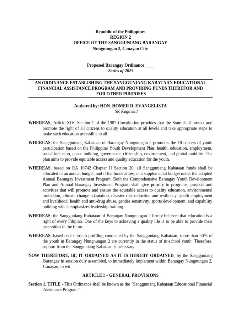 SK Educational Financial Assistance Ordinance | PDF