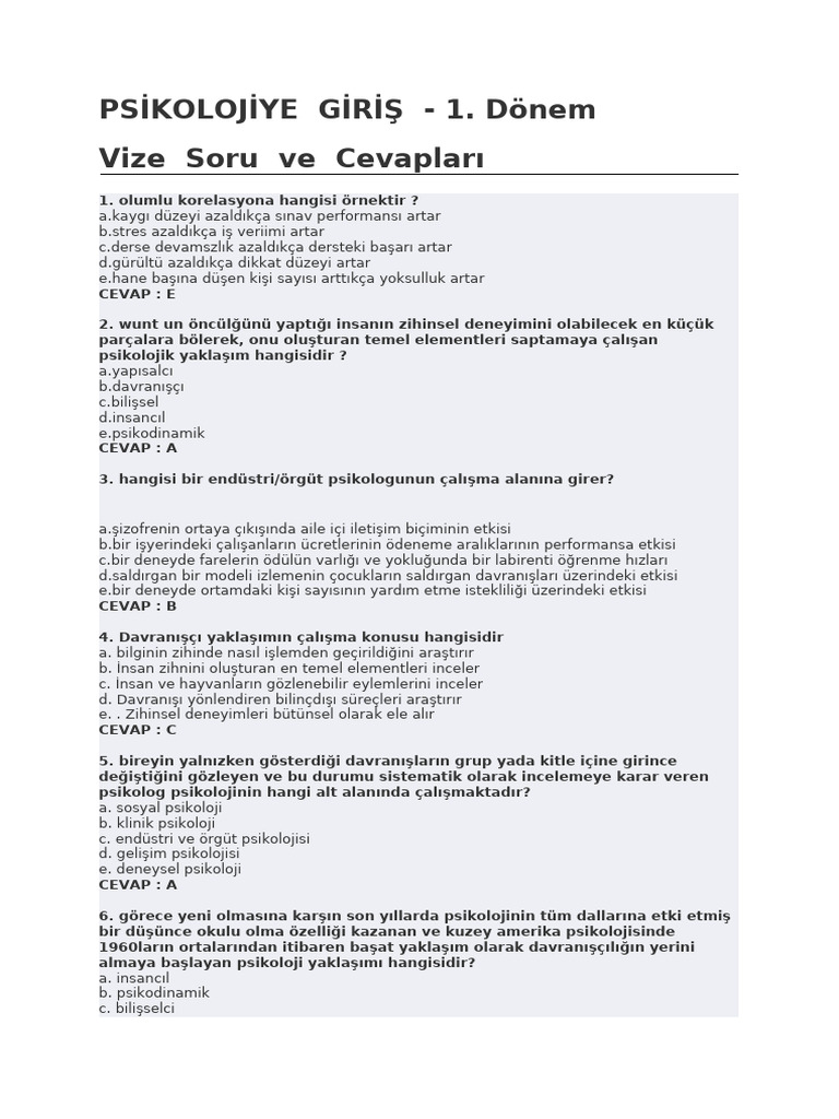 Auzef Psikolojiye Giriş 1 - Dönem Vize Soru Ve Cevapları | PDF