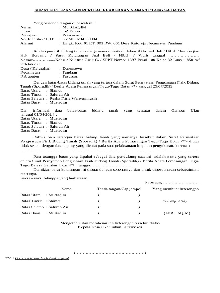 Surat Keterangan Desa Perihal Perbedaan Kontradiktur Sporadik Tugu ...