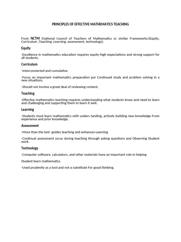 Principles of Effective Mathematics Teaching Summary | PDF